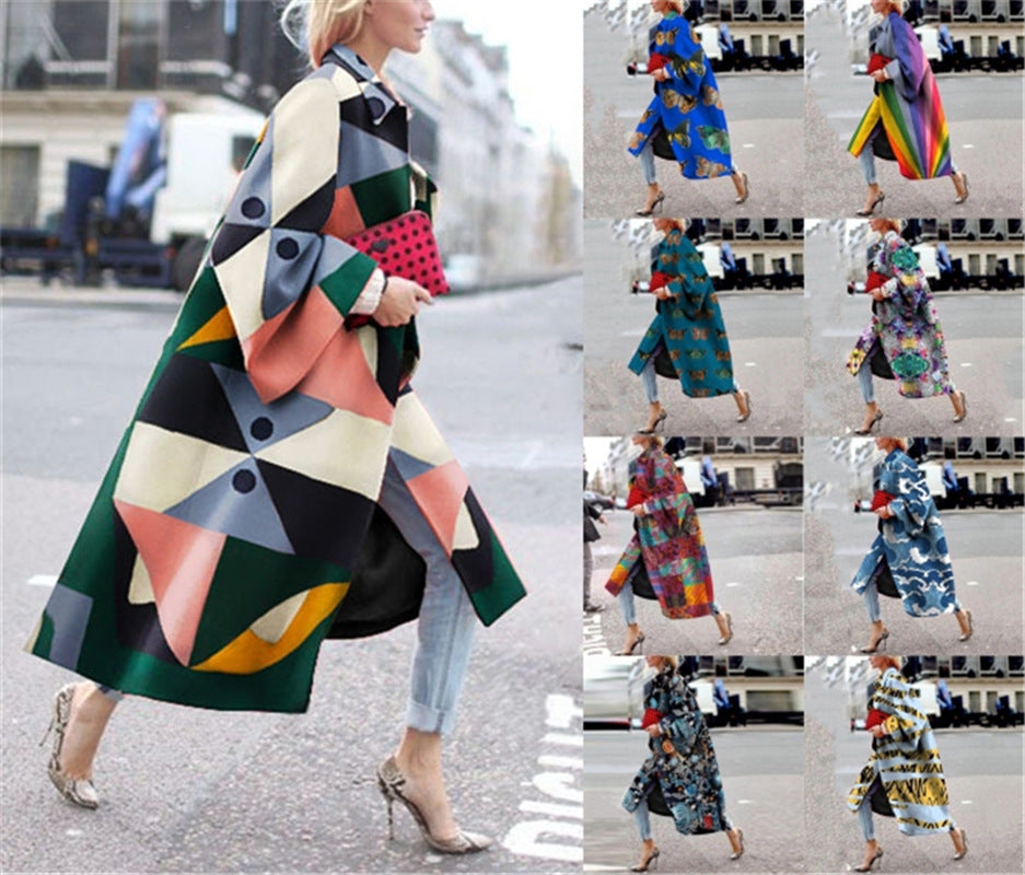 Women's Long Flared Sleeves Printed Loose Coats – fitspromag