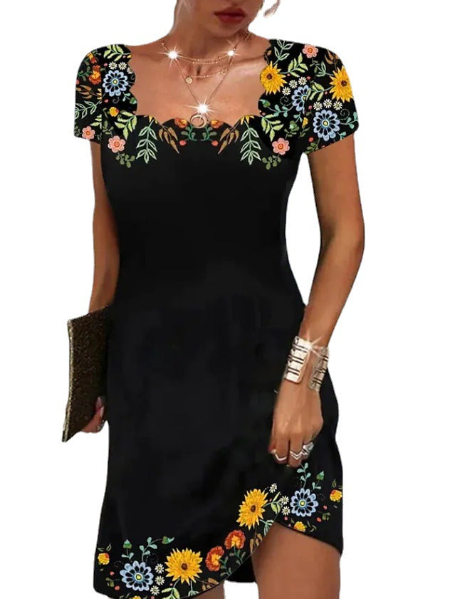 Women's Summer Fluted Collar Printed Short-sleeved Dress Dresses ...