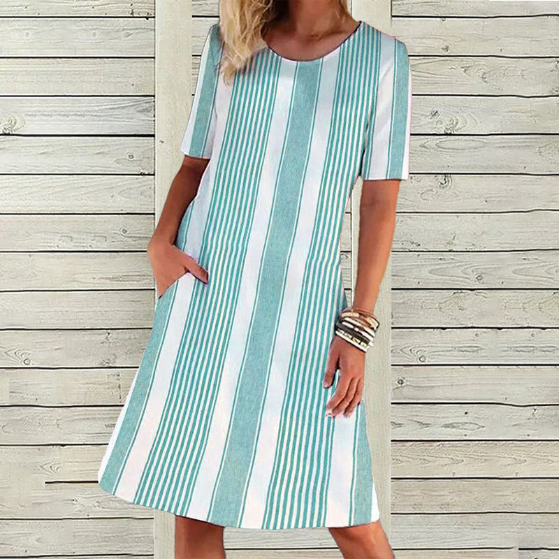 Women's Gradient Striped Positioning Printed Pocket Round Dresses ...